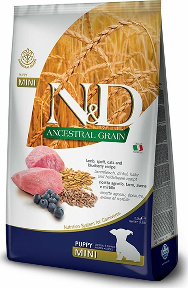 Farmina N&D Ancestral Grain Dog Lamb & Blueberry Puppy Mini сухой низкозерновой корм для щенков мелких пород с ягненком и черникой - 2,5 кг