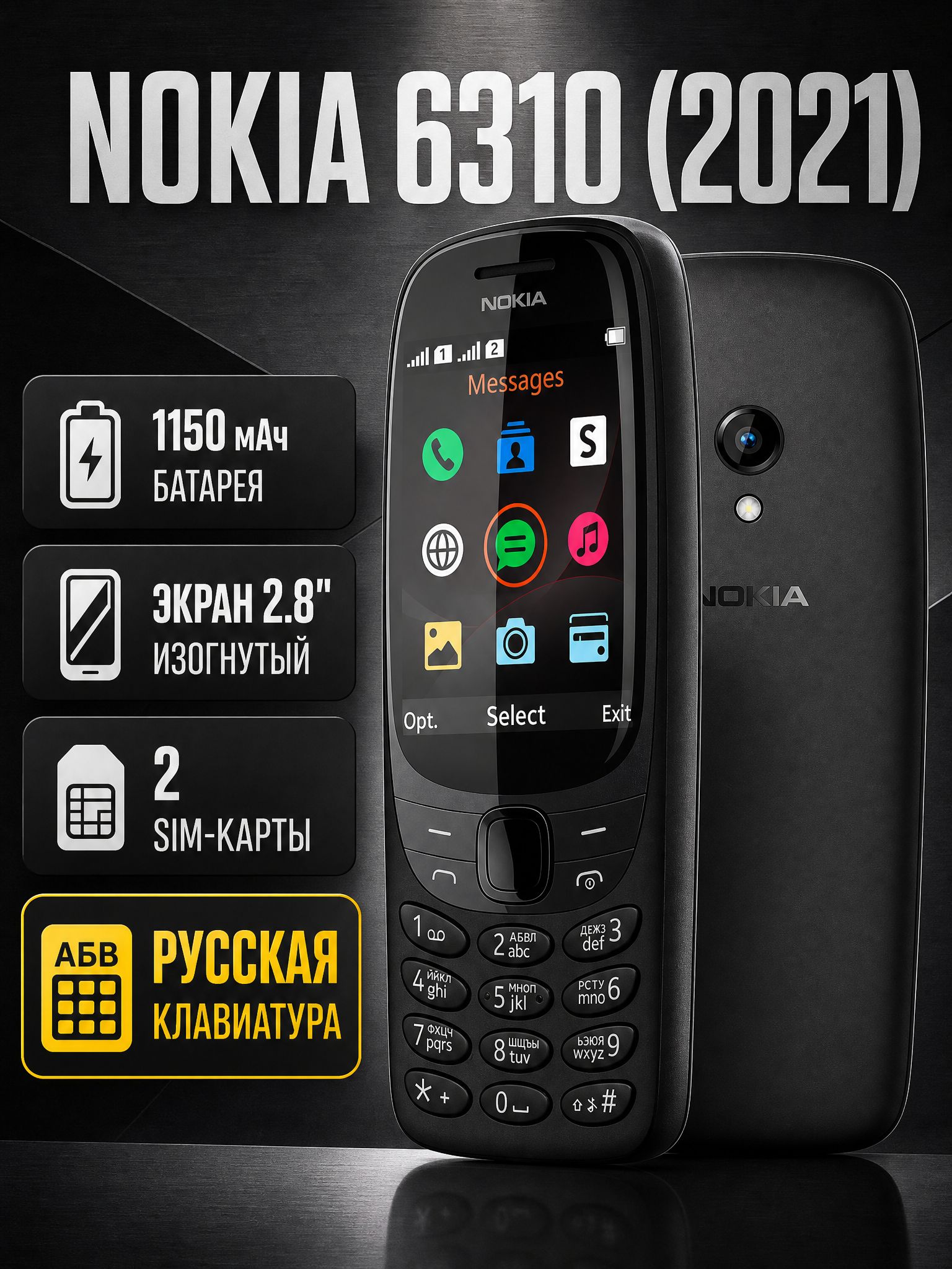 Nokia Мобильный телефон Nokia 6310 (2021), мощный аккумулятор 1150 мАч, рабочий телефон, надежный корпус, 2 SIM, черный матовый