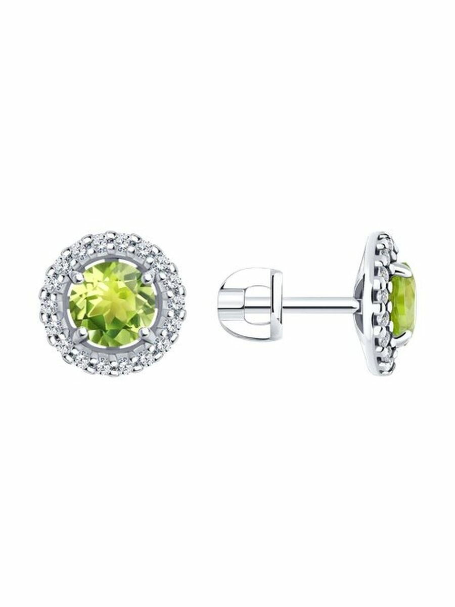 Серьги пусеты, серебро, 925 проба, родирование, фианит, хризолит