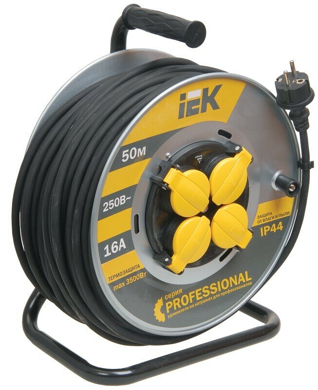 Катушка УК50 IEK Professional на металл. катушке с теромозащитой 4 места 2Р+PЕ/50м КГ 3х2,5мм2 IP44