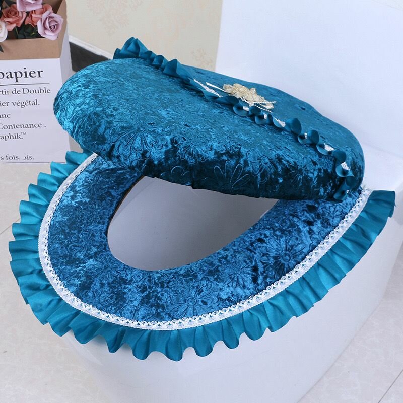 Накладка чехол на сиденье унитаза на липучках, универсальная накладка на стульчак и крышку. Мягкий бархат, персидский синий