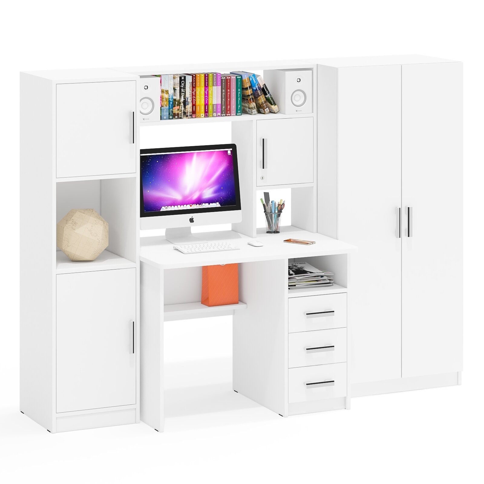 Компьютерный стол с пеналом и шкафом Мебельный Двор СК-9 белый шагрень, 215х70х160 см