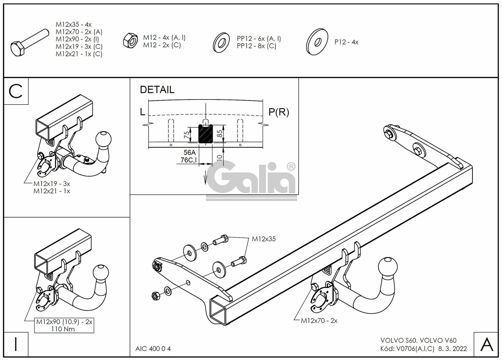 Оцинкованный фаркоп на Volvo S60 2010-2019, Volvo V60 2010-2019 (без электрики), Galia V0706A
