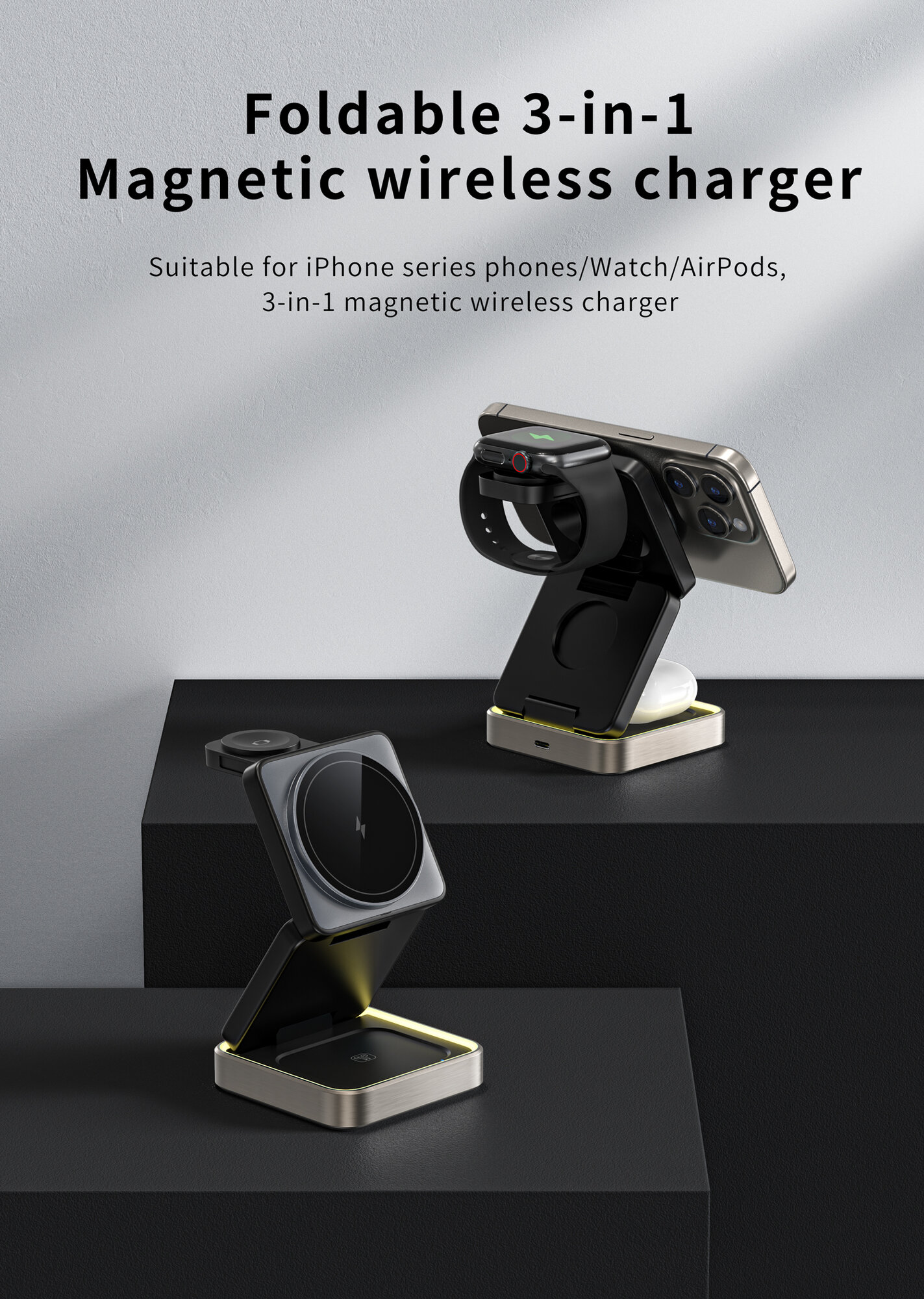 Зарядная станция 3 в 1, беспроводная зарядка для телефона, гарнитуры и часов Apple, W90 Black, 15W+5W+2.5W