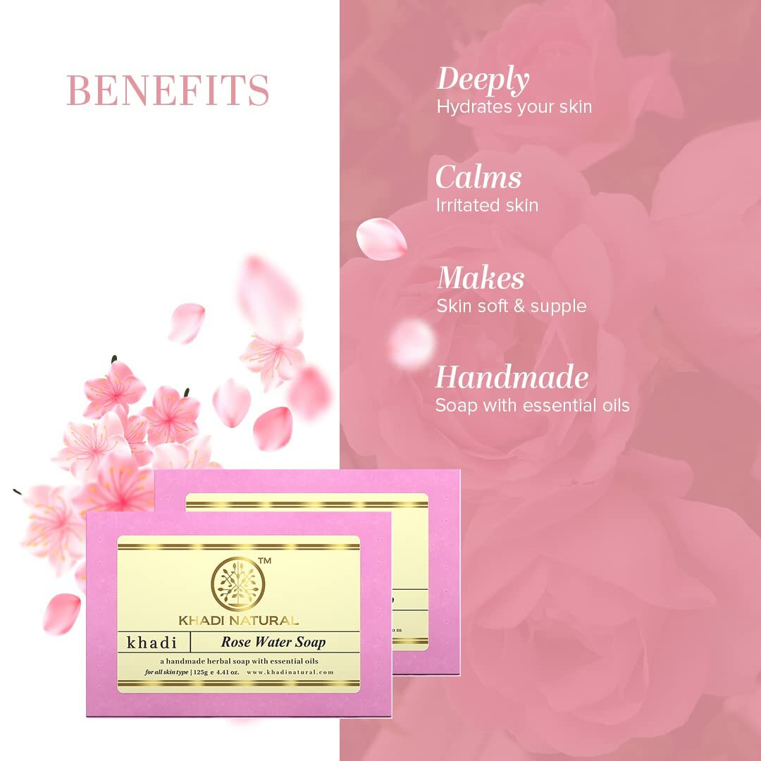 Розовая вода Мыло ручной работы с эфирными маслами, Кхади Rose water Handmade Herbal Soap With Essential Oils, Khadi 125 гр.