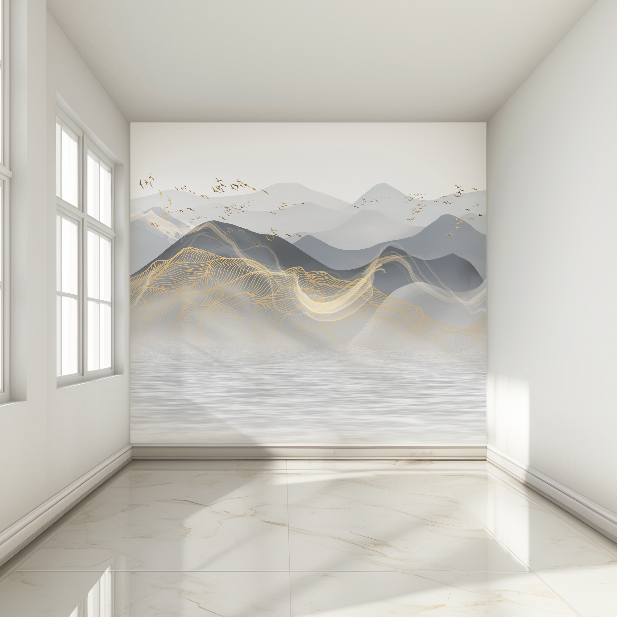 Фотообои 3д на стену "Саилуэты гор", флизелиновые 300х270 см на кухню, спальню, зал