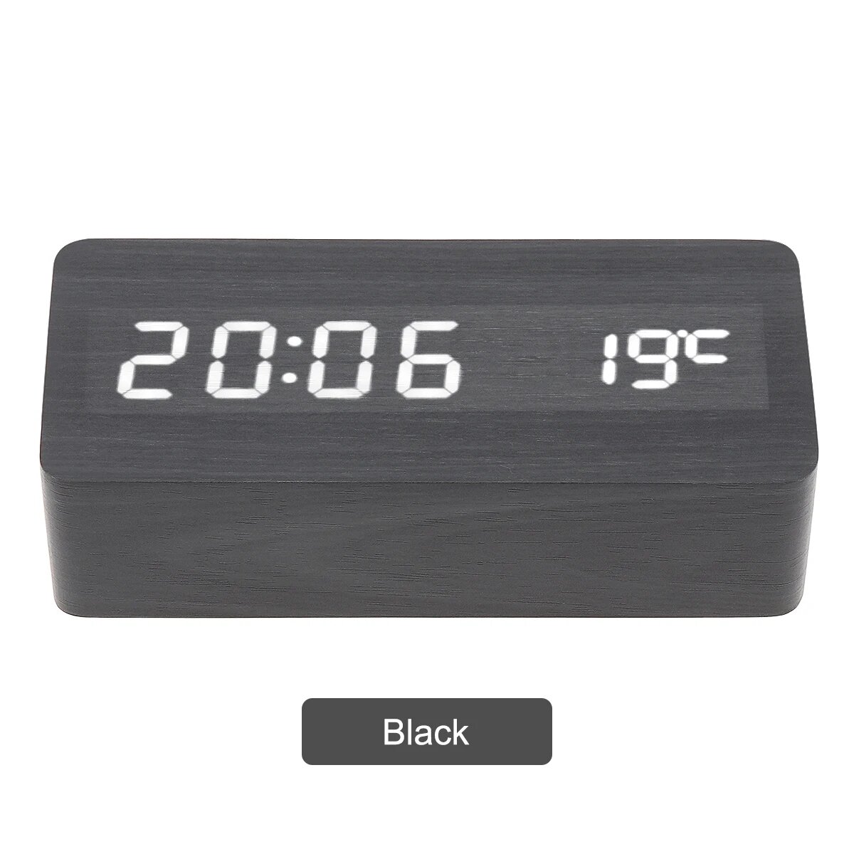 Черные деревянные цифровые часы с подсветкой, 20:06, 19°C