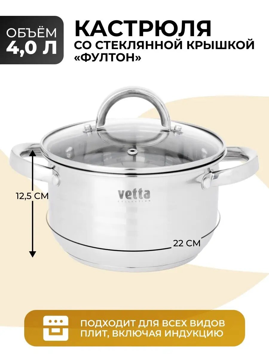 Кастрюля из нержавеющей стали со стеклянной крышкой 4 л, для индукции