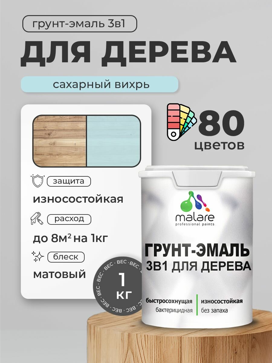 Акриловая Грунт-Эмаль 3 в 1 Malare для деревянных поверхностей/ краска по дереву с антисептическим эффектом/ быстросохнущая моющаяся без запаха матовая, сахарный вихрь, 1 кг