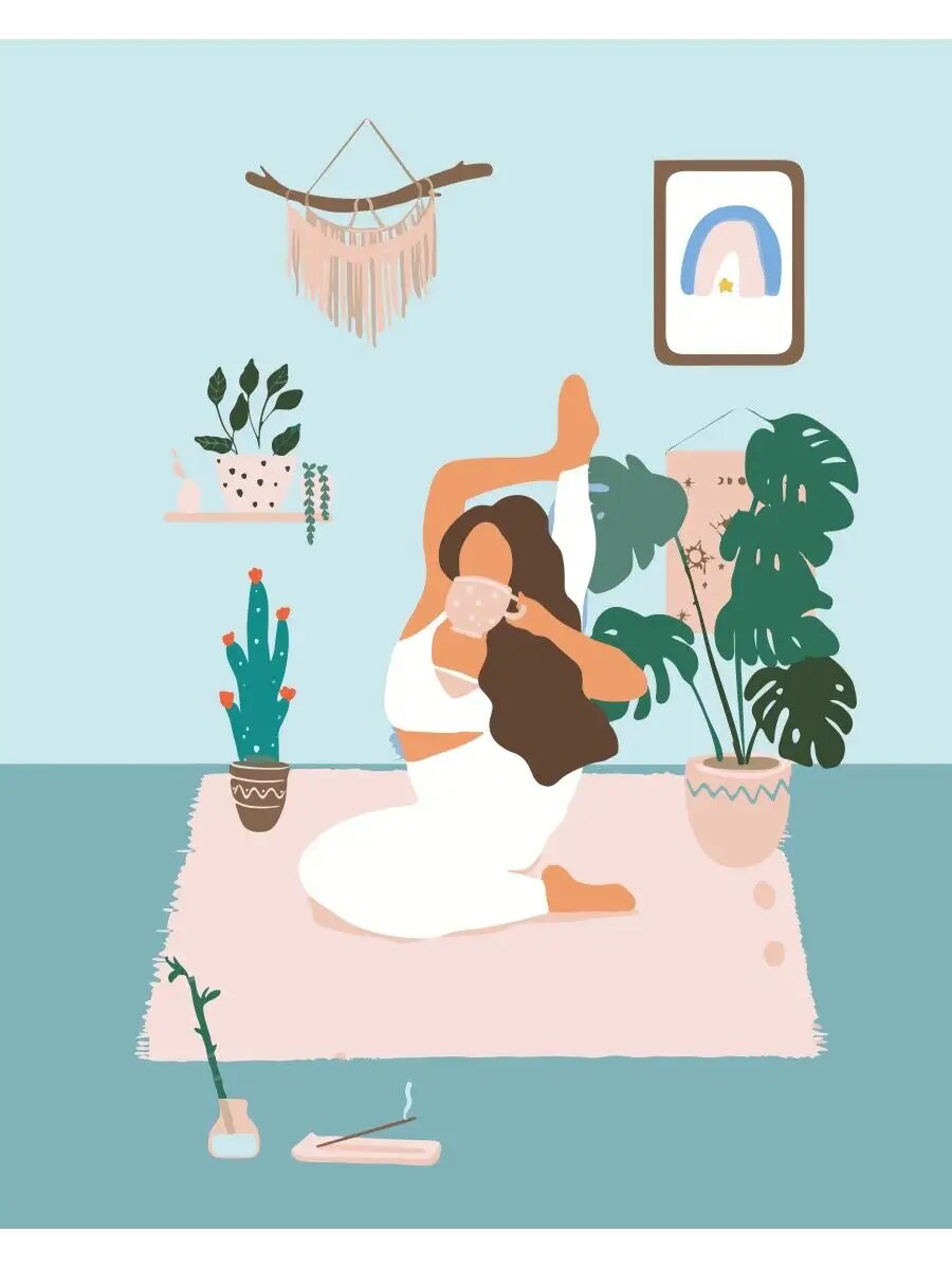 Стильные картины по номерам абстракция Leonardo Daivinchik "йога и чай", картина на подрамнике 40х50, 18 цветов