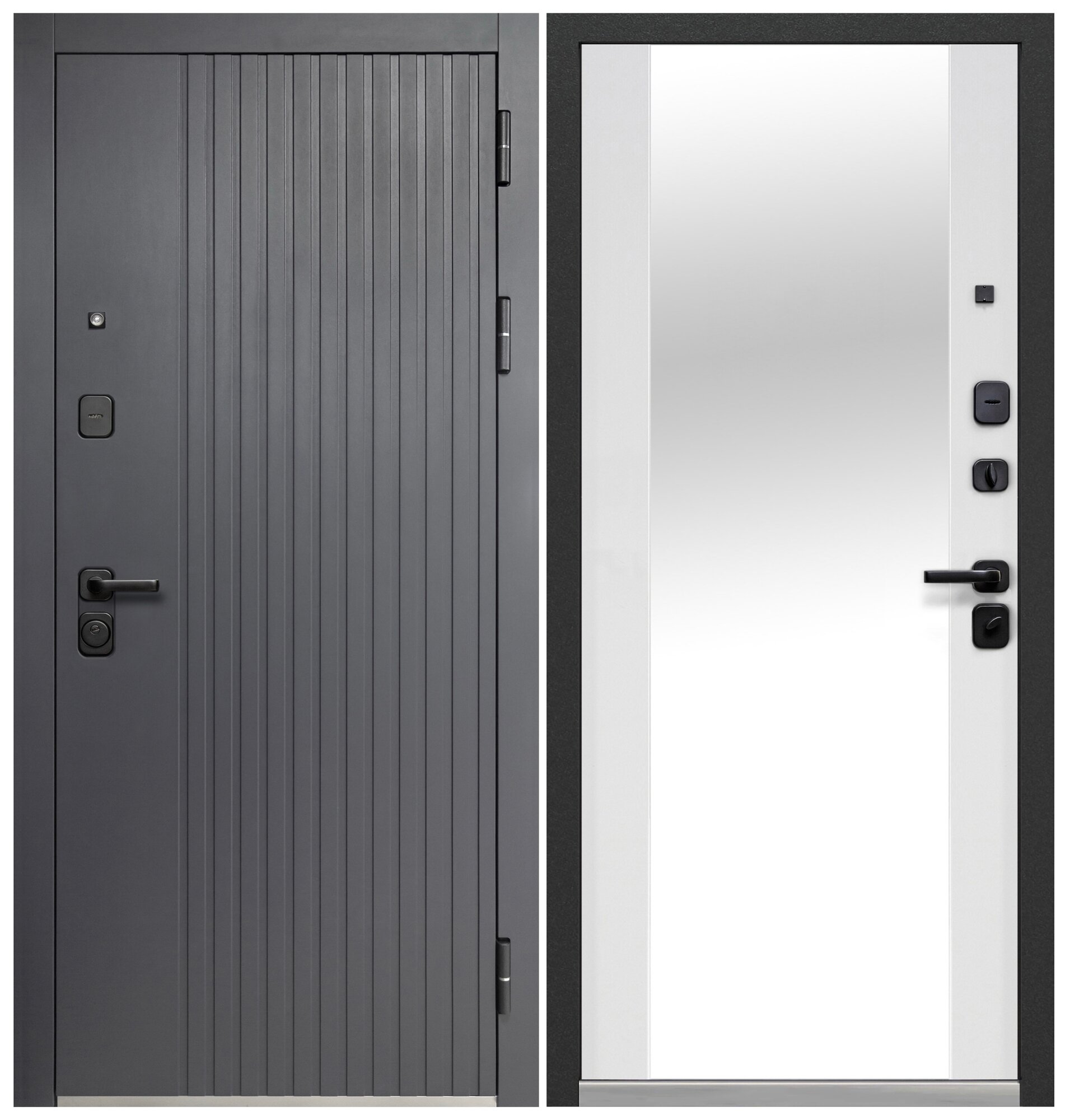 Входная дверь Luxor 2МДФ Вертикаль Зеркало Эмалит Белый KALE (960мм) правая