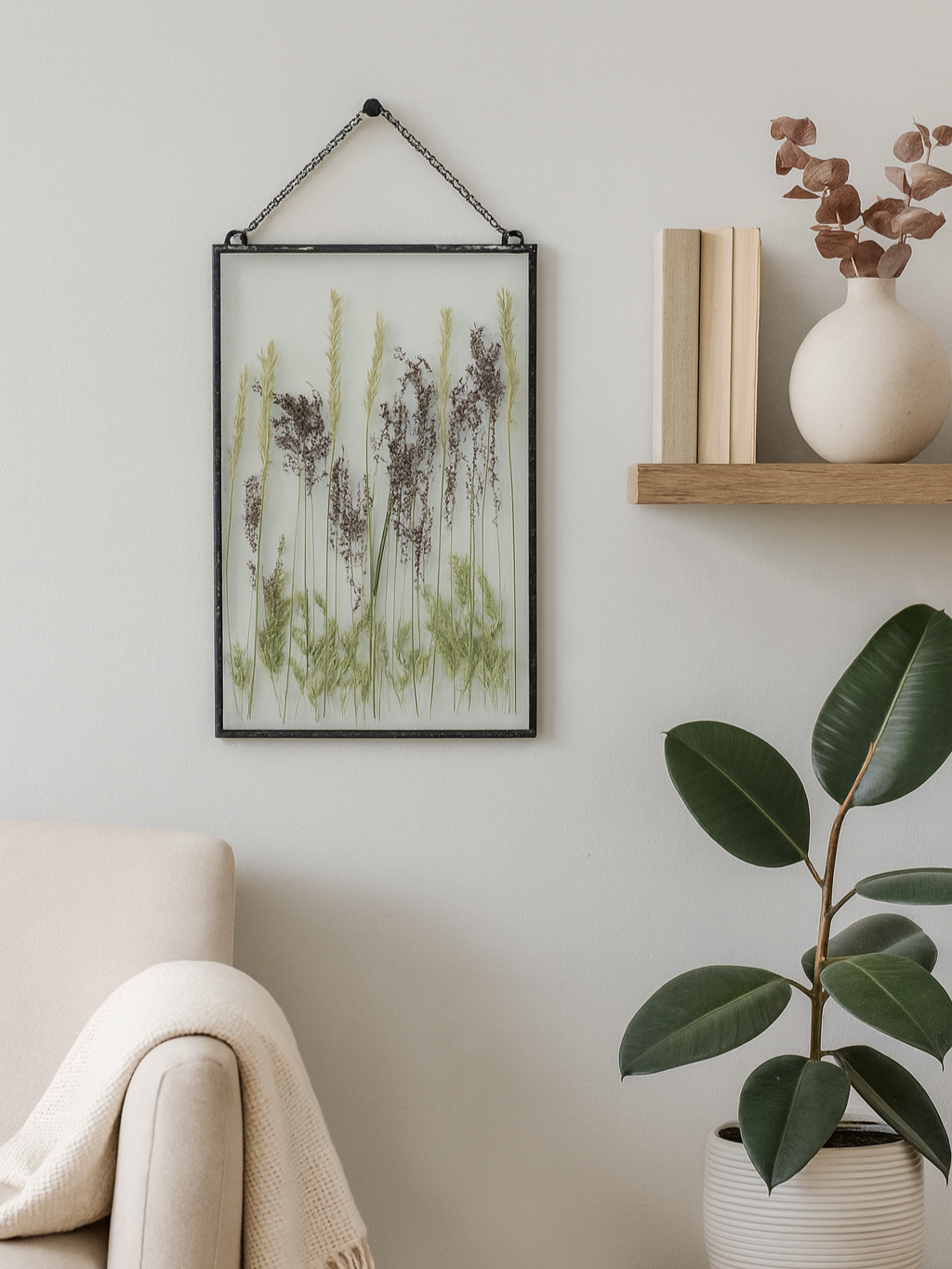 Панно на стену с сухоцветами Полевые травы "Forget-me-not" Гербарий в стекле / 20*30 см / черная рама