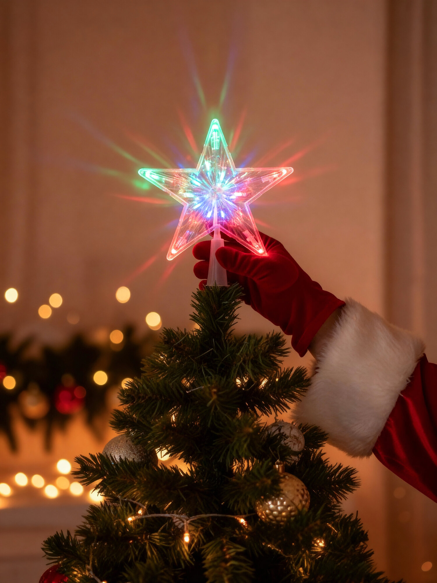 Наконечник на ёлку - Звезда светодиодная, 25 LED разноцветная, прозрачный корпус, размер: 20*20 см