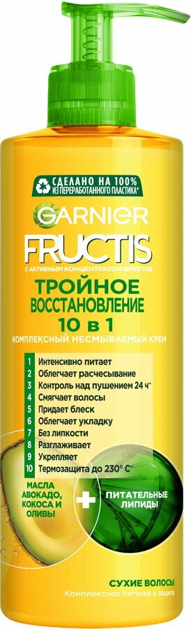 Крем для сухих волос FRUCTIS 10в1 Тройное восстановление несмываемый с маслами авокадо, кокоса, оливы и питательными липидами, 400мл
