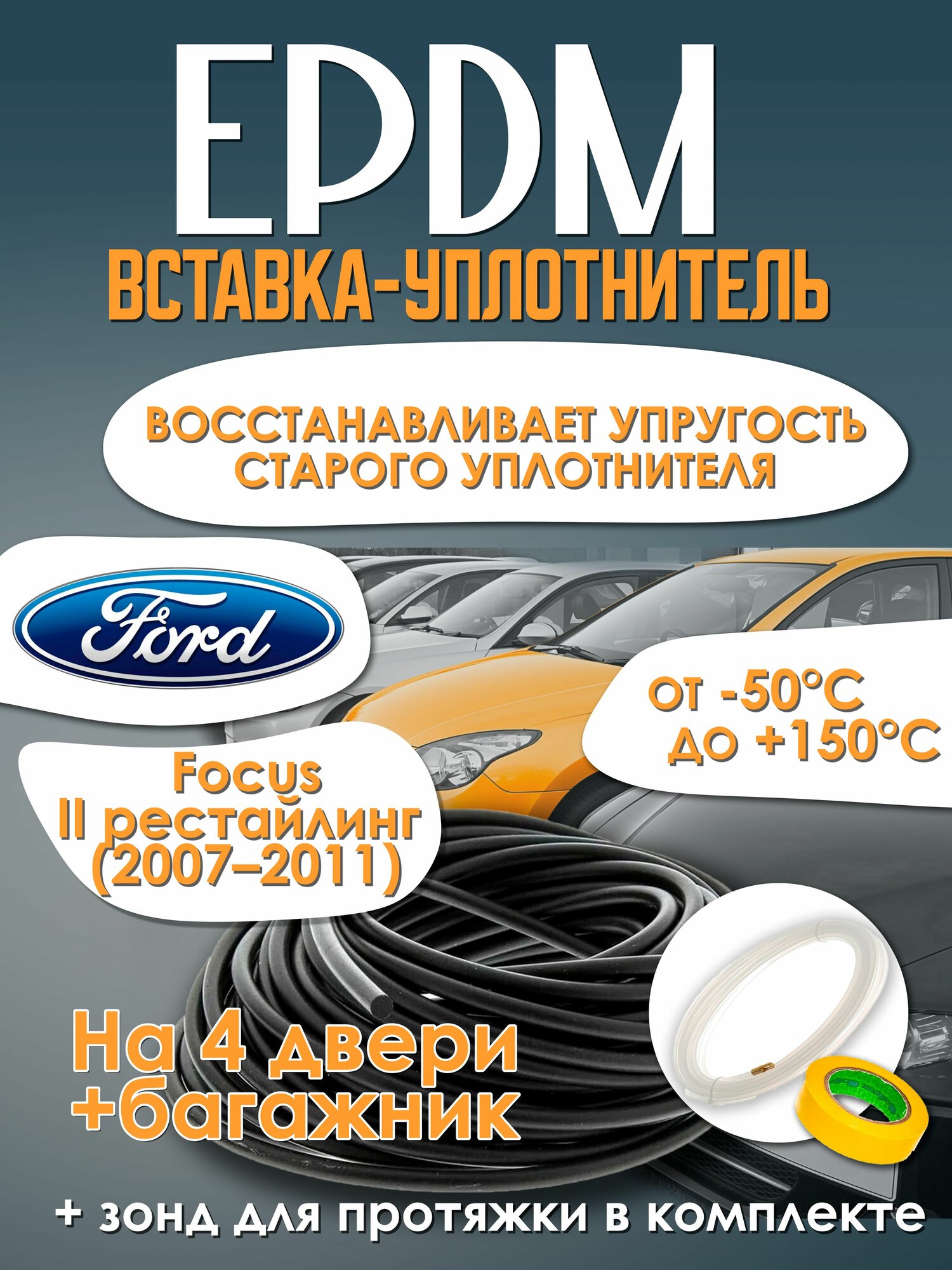 EPDM вставка-уплотнитель для дверей автомобиля Ford Focus II рестайлинг (2007-2011) / Форд Фокус 2 поколение рестайлинг