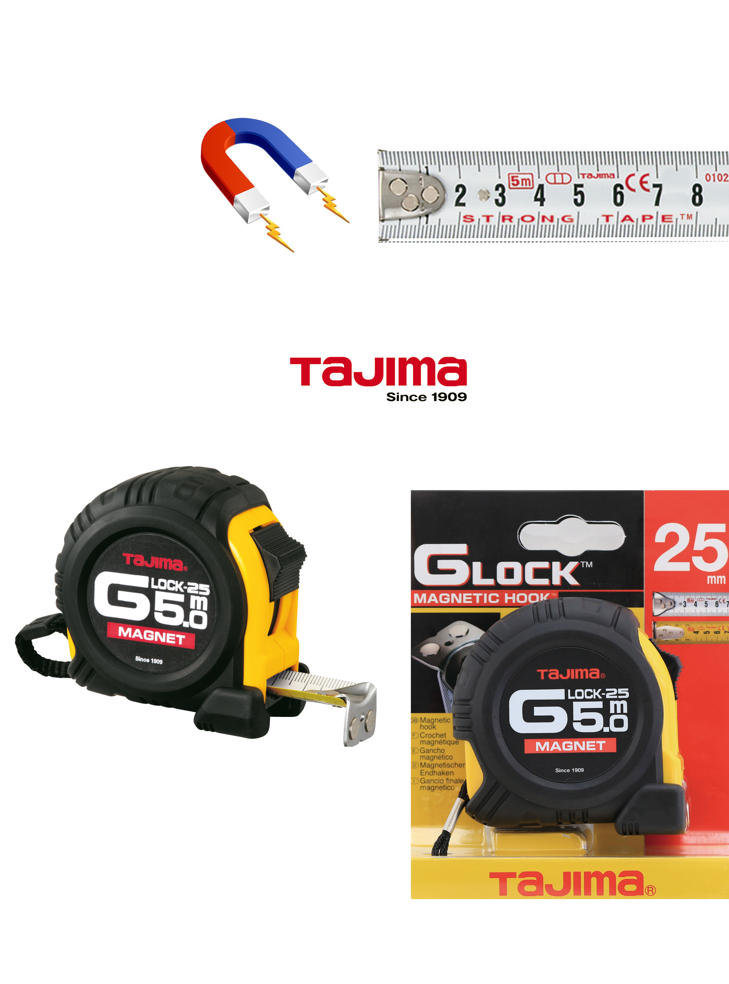 Рулетка TAJIMA G-Lock Magnet GM550MY 5м/25мм с магнитом, 2-х сторонняя шкала, обрезиненный корпус