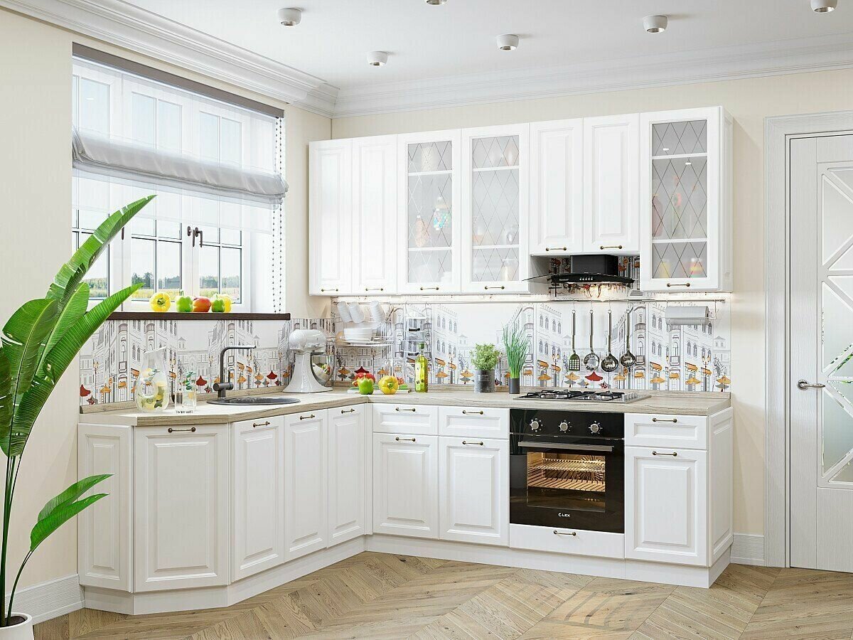 Готовый кухонный гарнитур кухня угловая Ницца-03 2340*1890,2400*600 Белый