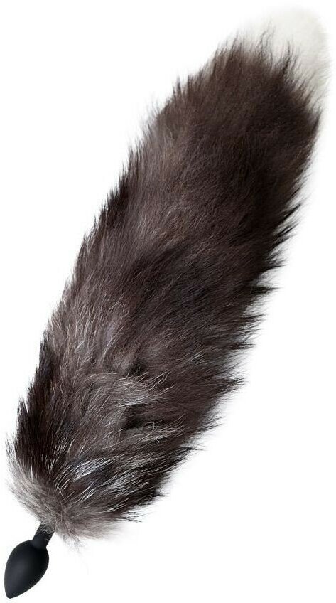 Черная силиконовая анальная втулка с хвостом чернобурой лисы - размер S