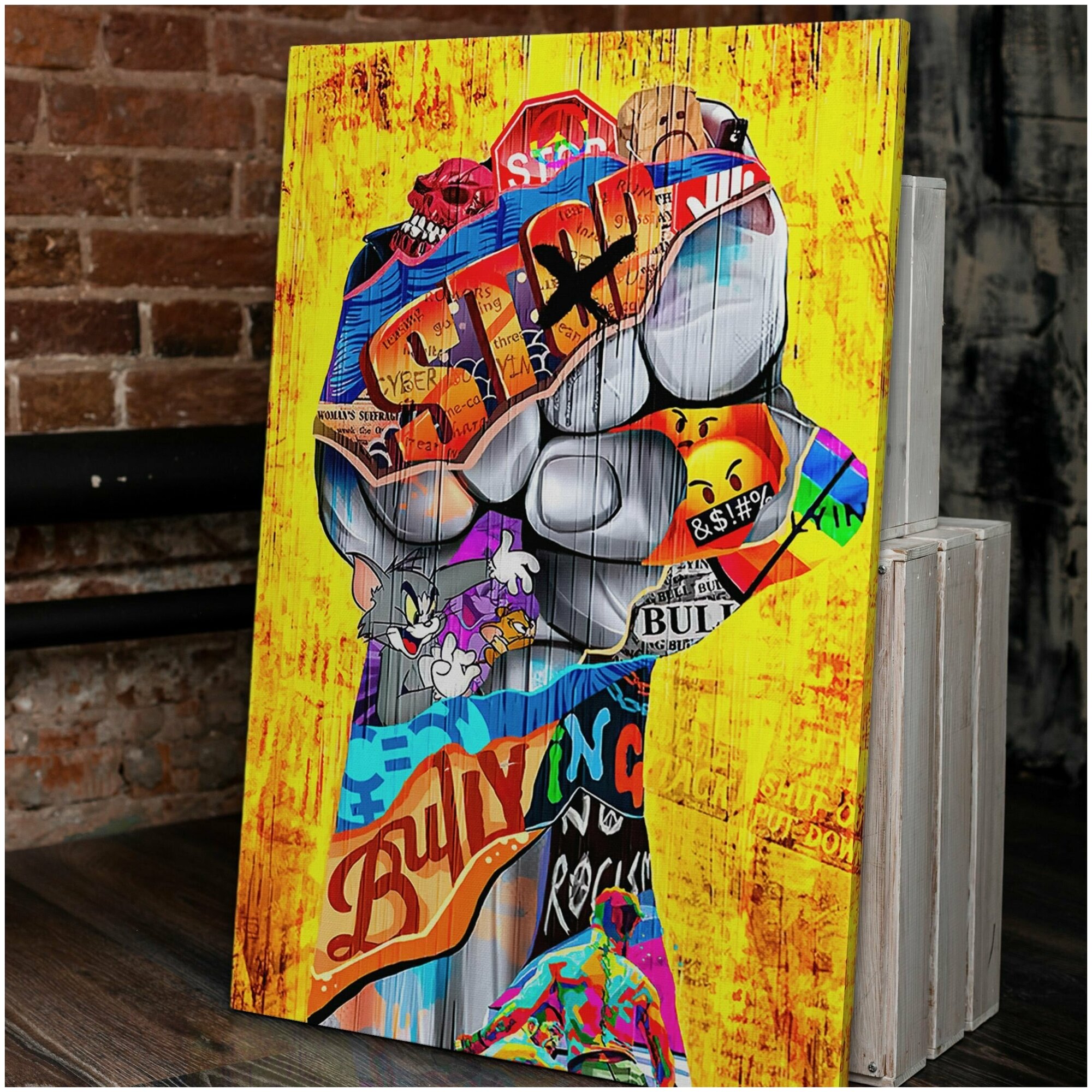 Картина на холсте поп арт мотивация граффити "Кулак" интерьерный постер Том и Джерри