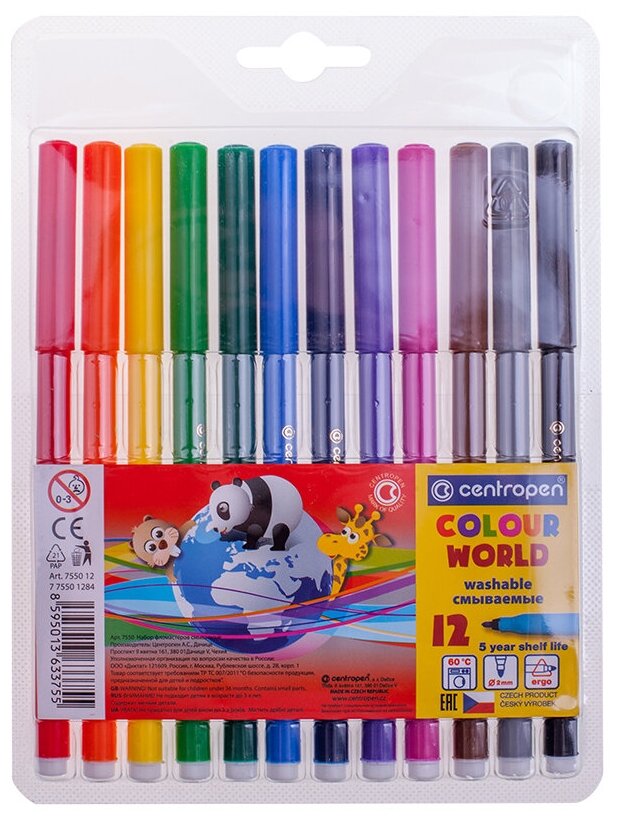 Centropen Набор фломастеров "Colour World", 12цв, трехгранные, смываемые, блистер sela25