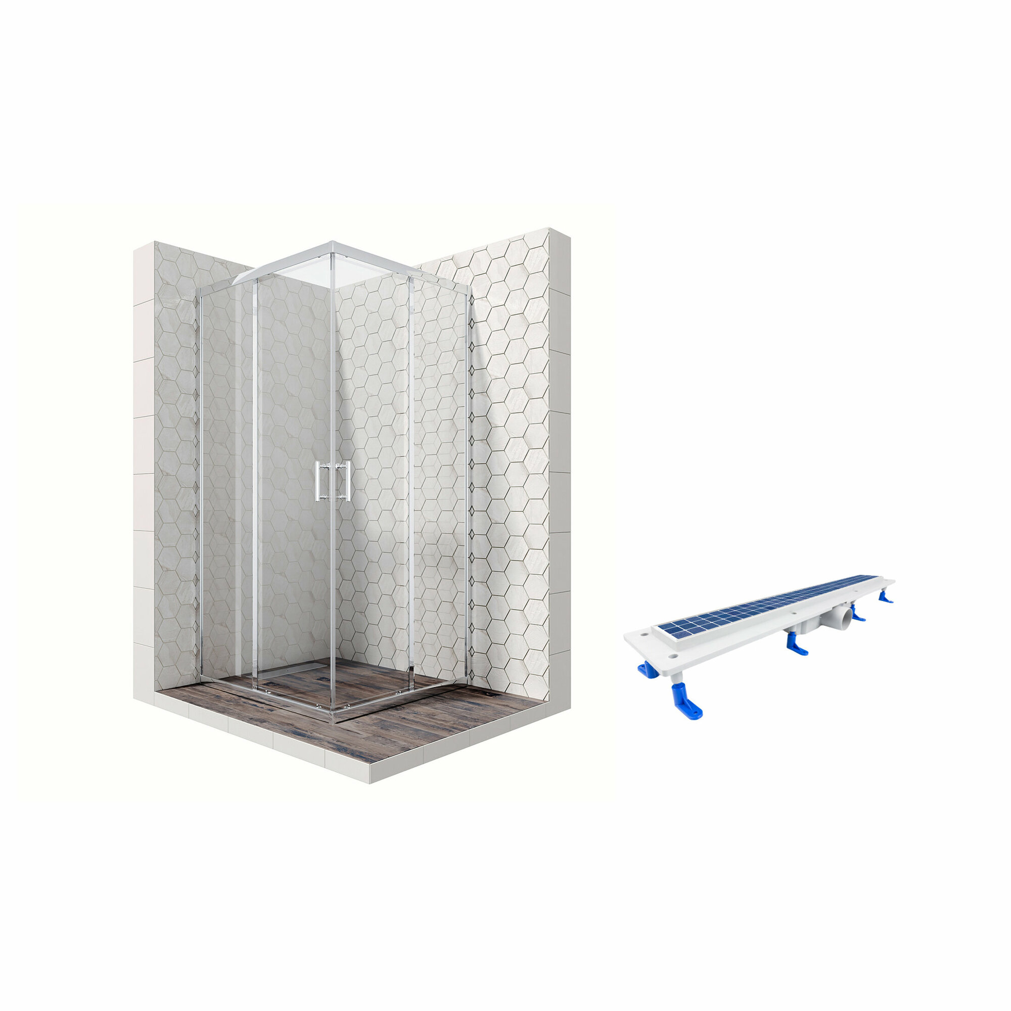 Душевой уголок 100х100 с трапом и раздвижными дверями Ambassador Kingston 14011103-ST12: душевое ограждение из стекла 6 мм, профиль хром