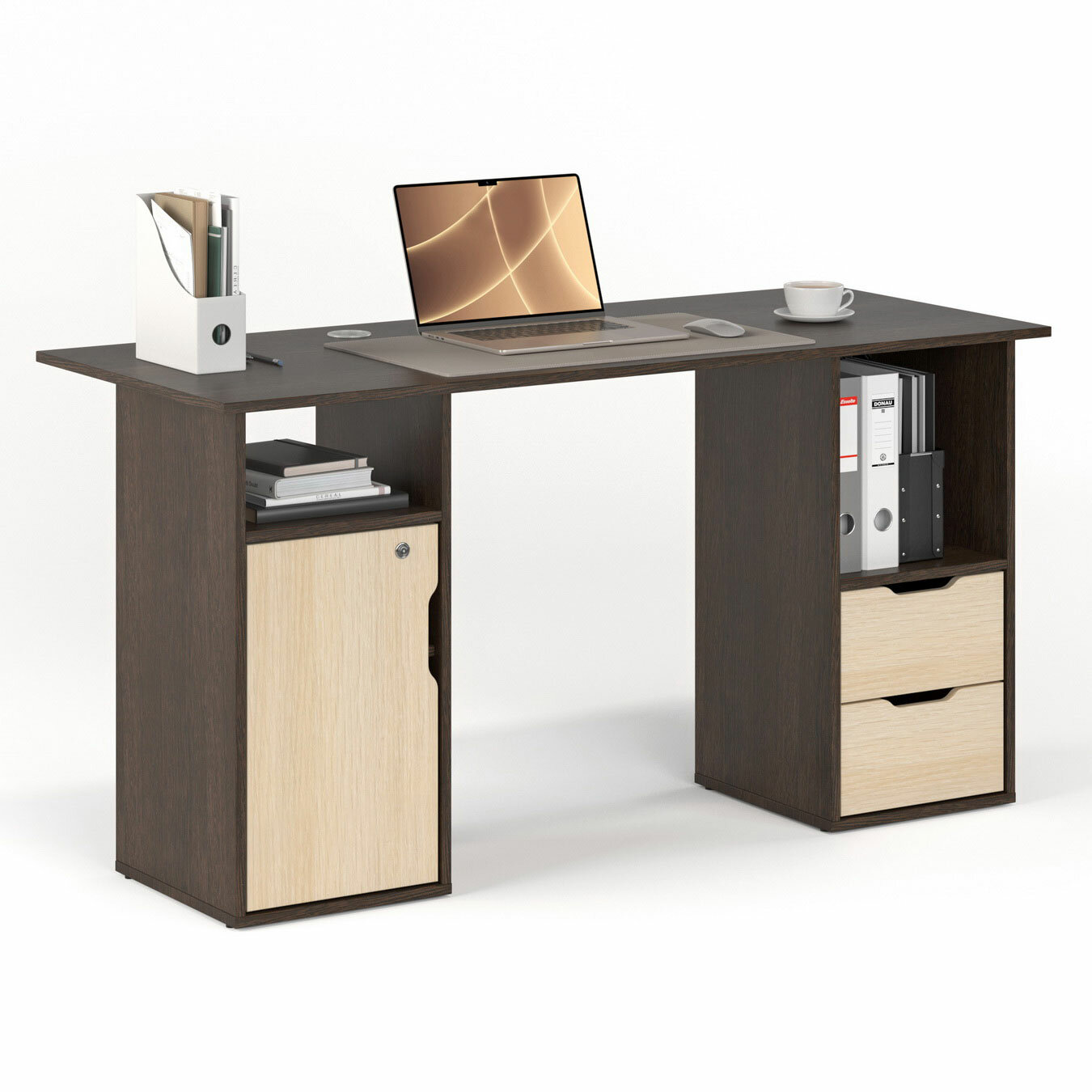 Двухтумбовый письменный стол с двумя ящиками, высокой нишей для папок и дверцей с замком МагМебель №74 венге, дуб молочный