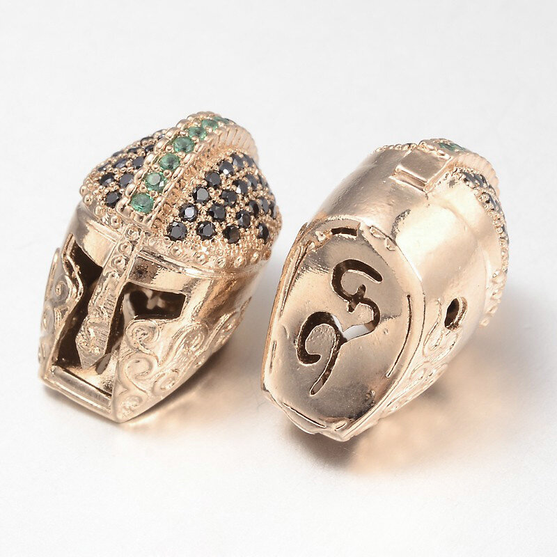 Бусина металлическая, 17х13х11мм, Milano, Греческий шлем с черными и зелеными фианитами, базовый материал - латунь, под розовое золото, 1 шт.