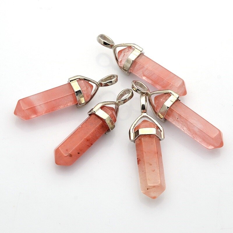 Подвеска каменная, 40х13х11мм, в форме кристалла, базовый материал - камень, арбузный кварц (имитация) с держателем стального цвета, 1 шт.