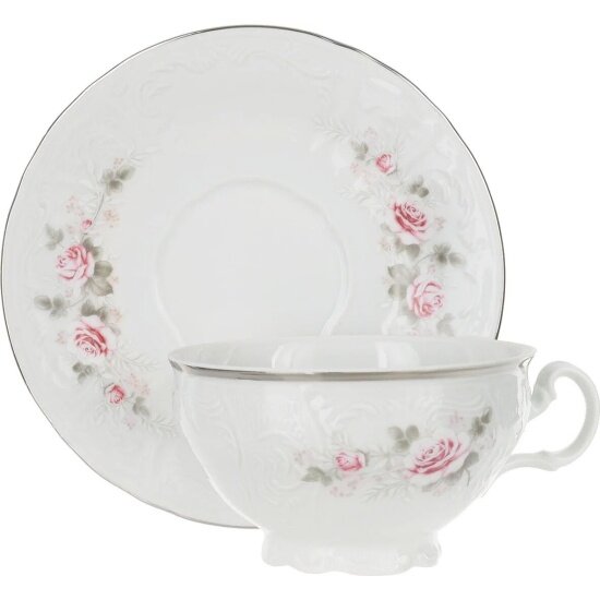 Чашка Bernadotte "Бледные розы отводка платина" 360 мл. с блюдцем 180 мм низкая