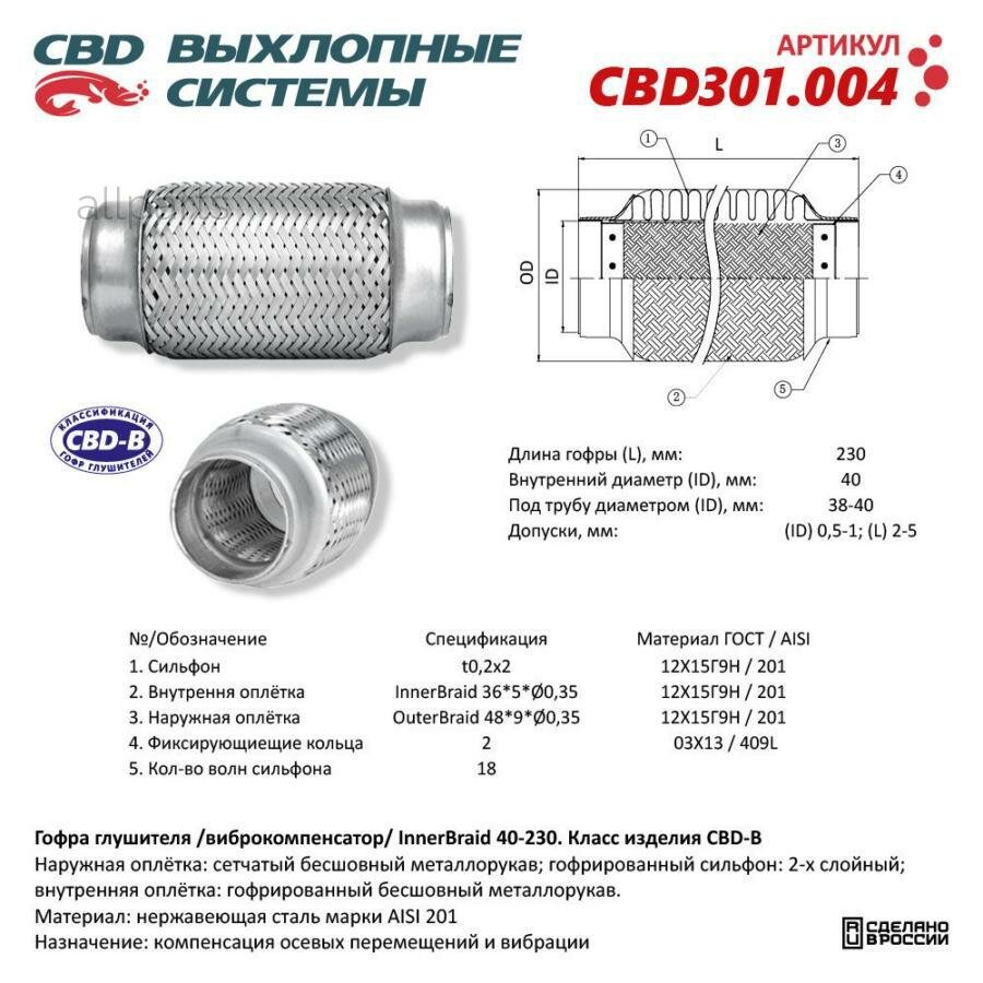 CBD CBD301.004 Гофра глушителя 3-сл Innerbraid 40-230 для UNIVERSAL /D=40mm L=230mm CBD CBD301.004