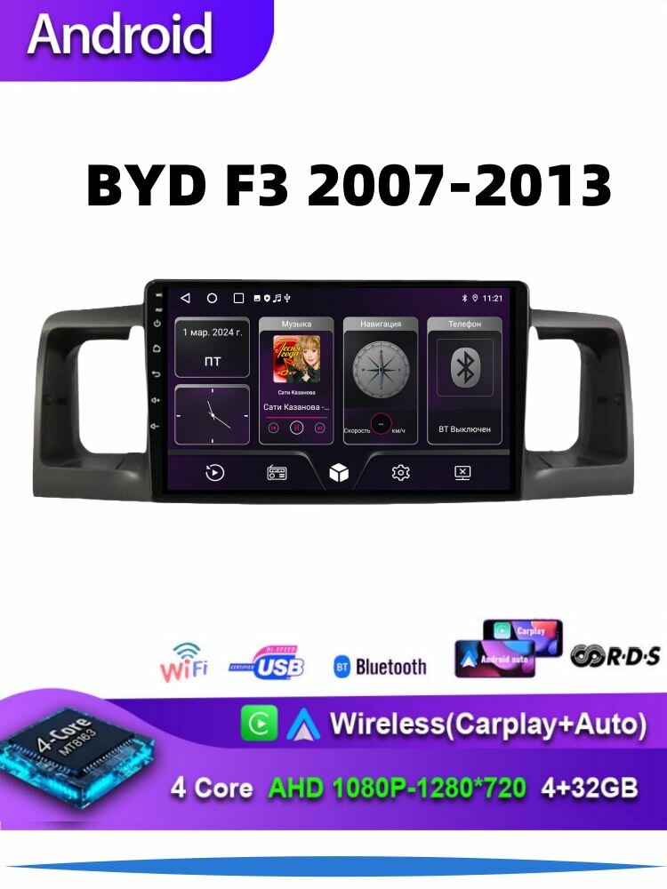 Штатная магнитола 4+32Гб для БЫД/BYD F3 2007-2013 2 DIN-Android Auto-Carplay-Мультимедиа автомабиля RHD