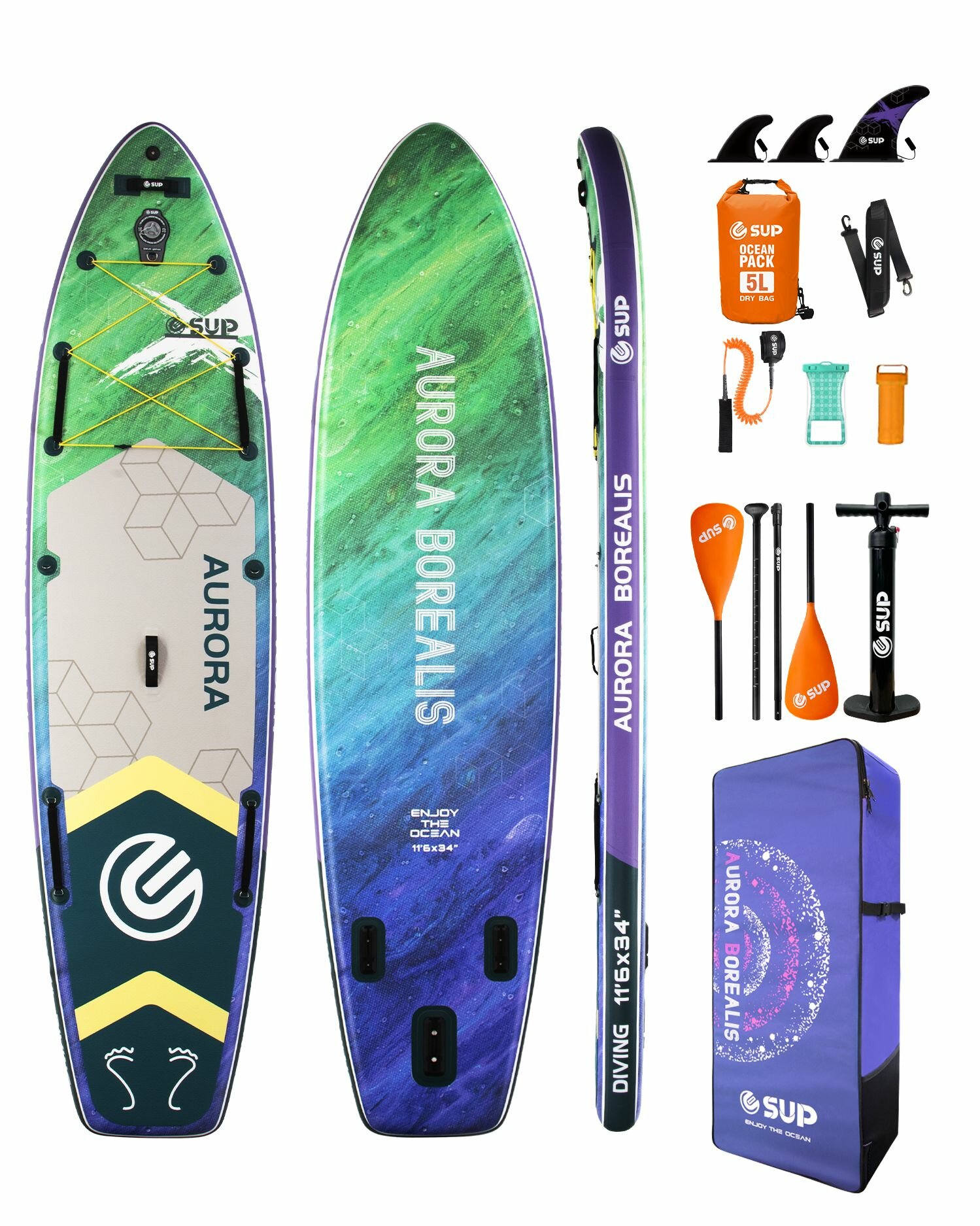 Надувная SUP-доска E-SUP AURORA GREEN 11'6" 350-86-15 см / Сап доска для серфинга и отдыха на воде