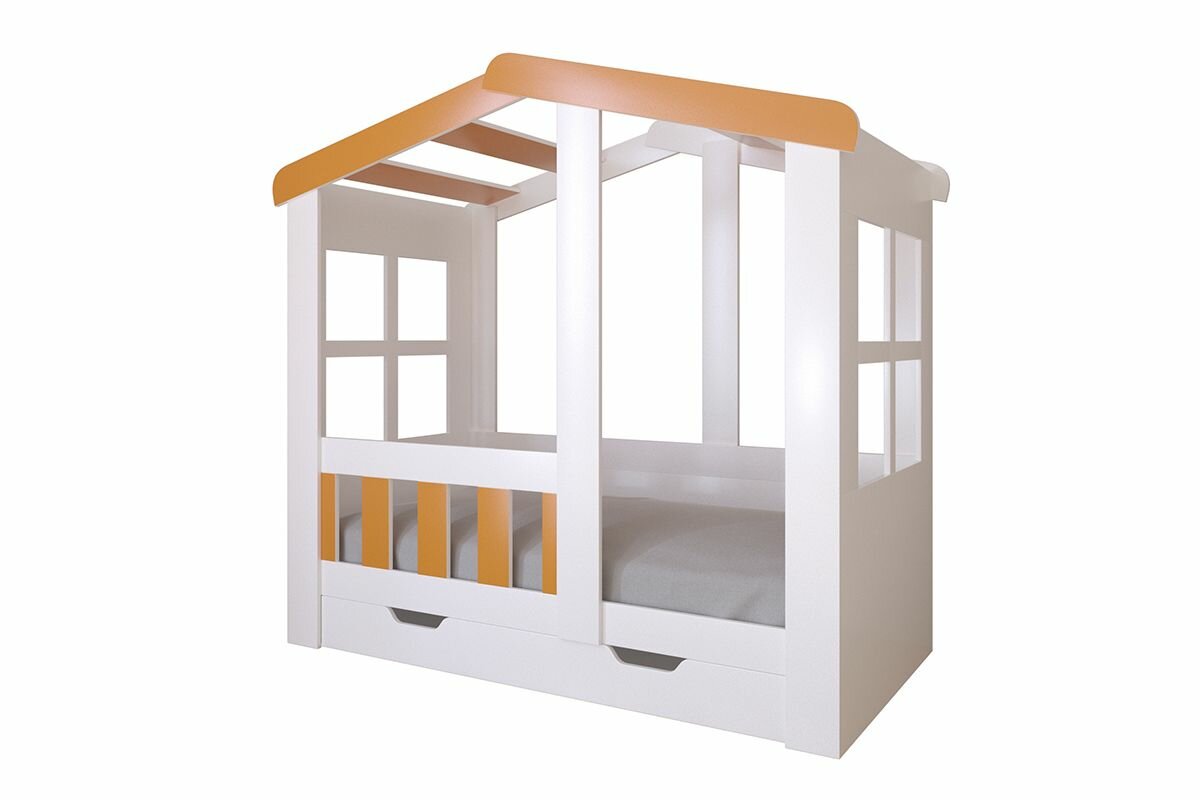 Кровать детская, одноярусная Астра домик, с ящиком, оранжевый, 80х160