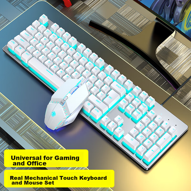 EWEADN GX300 Mechanical Feel Keyboard And Mouse Set for Gaming, E-Sports, Wired Desktop And Laptop, Office, Film Keyboard And Mouse, PUBG Accessories, White with Ice Blue Light