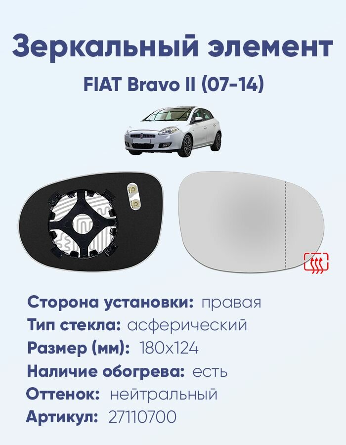 Зеркальный элемент правый FIAT Bravo II (07-14) асферика нейтральный с обогревом