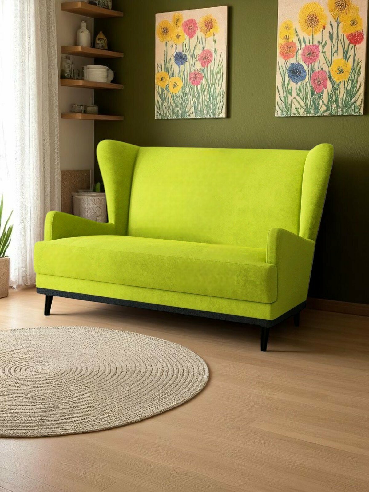 Мини диван Оскар прямой, на кухню, на ножках, велюр Jawa Orange 14, Jawa Salad 16 см