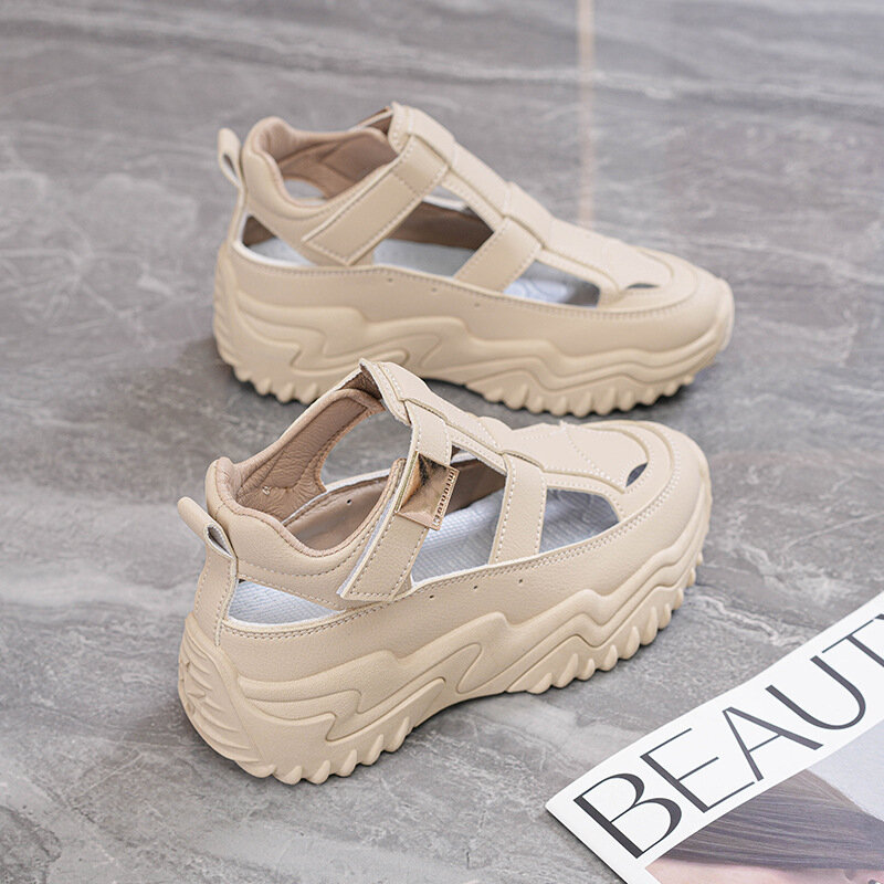 MOOCIE Дышащие полые туфли для папы, женская спортивная повседневная обувь, весна-лето 2024, новые женские туфли с толстой подошвой, увеличивающие рост, нескользящие и износостойкие