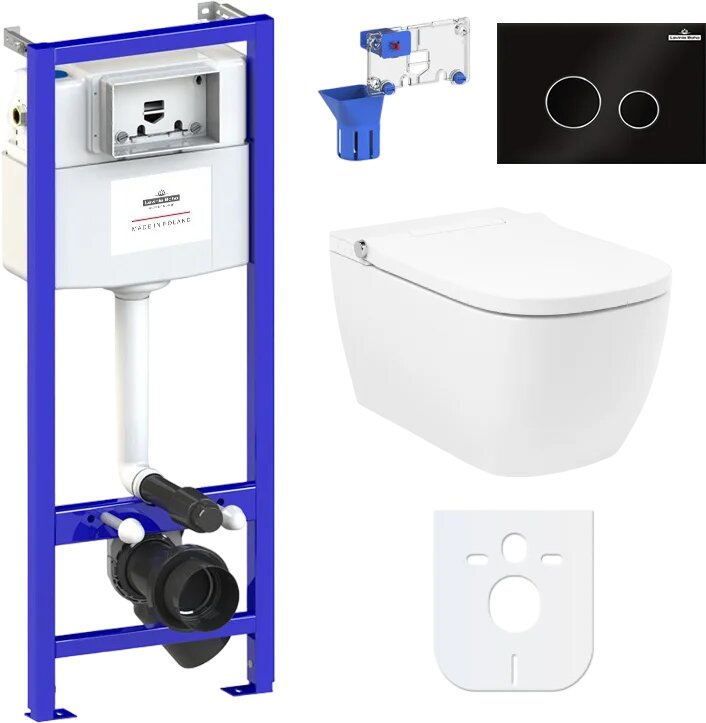 Комплект Lavinia Boho Унитаз подвесной Smart V-Clean 3359101R безободковый, с микролифтом / Инсталляция RelFix 38010010 / Кнопка RelFix глянцевая черная, хром