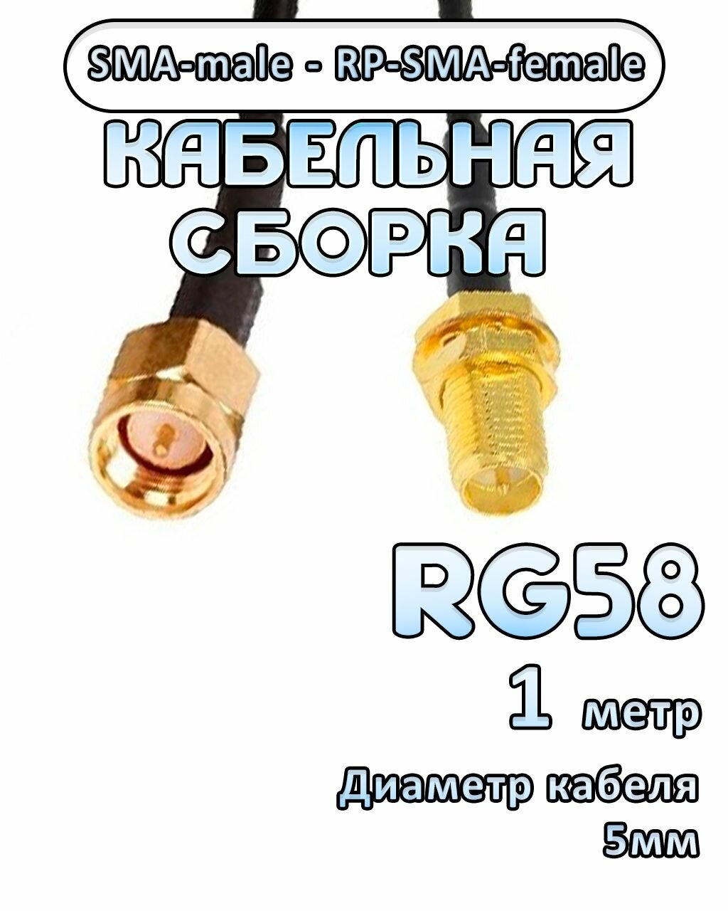 Кабельная сборка 50 Ом на RG-58 с разъемами RP-SMA-female - SMA-male, 1 метр