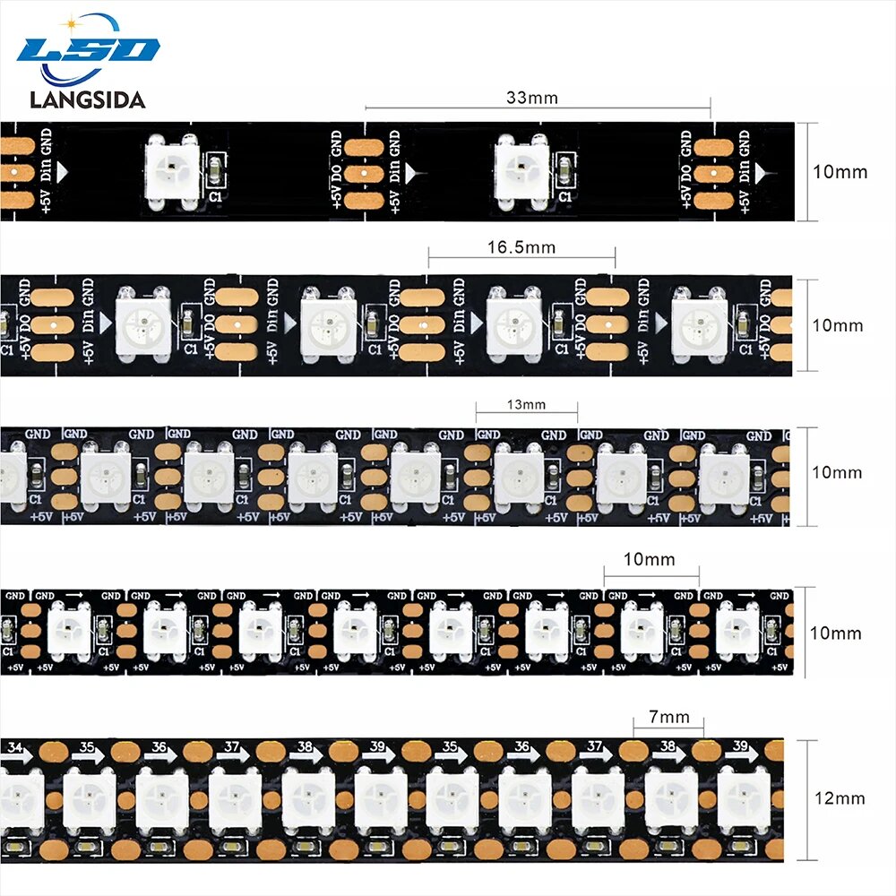 RGB светодиодная лента WS2812B 5м, DC5V White PCB, 1m 30 IP30