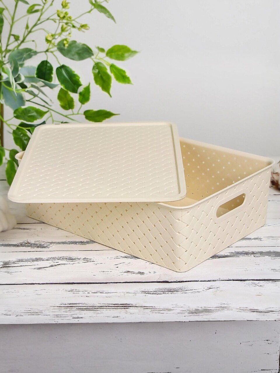 Корзина для хранения Violet Береста 7.5 л, плетеная, пластик, с крышкой, слоновая кость