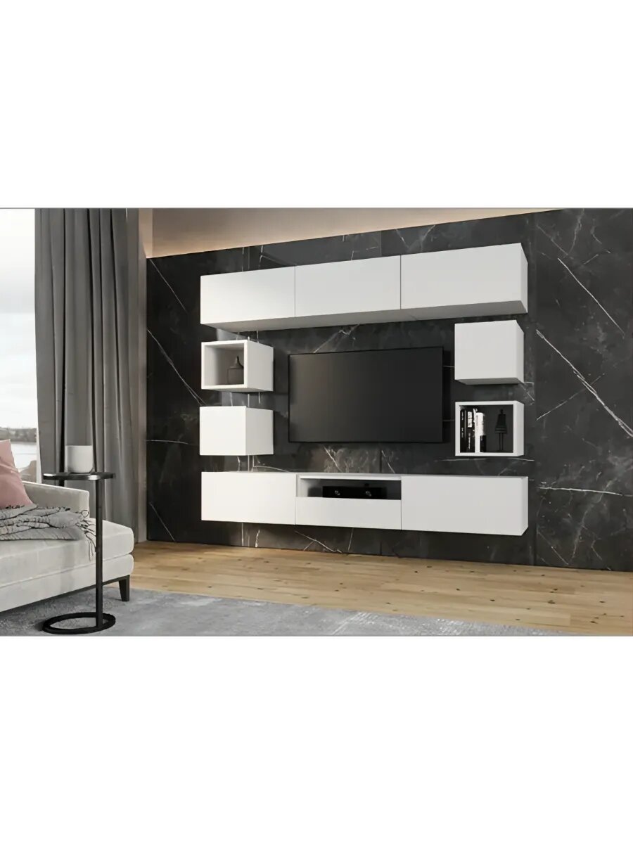 Гостиная, стенка мебель в гостиную НК-Мебель, ТВ тумба PLANO 3 , Белый Матовый, 180х150х36.6 см (ШхВхГ)