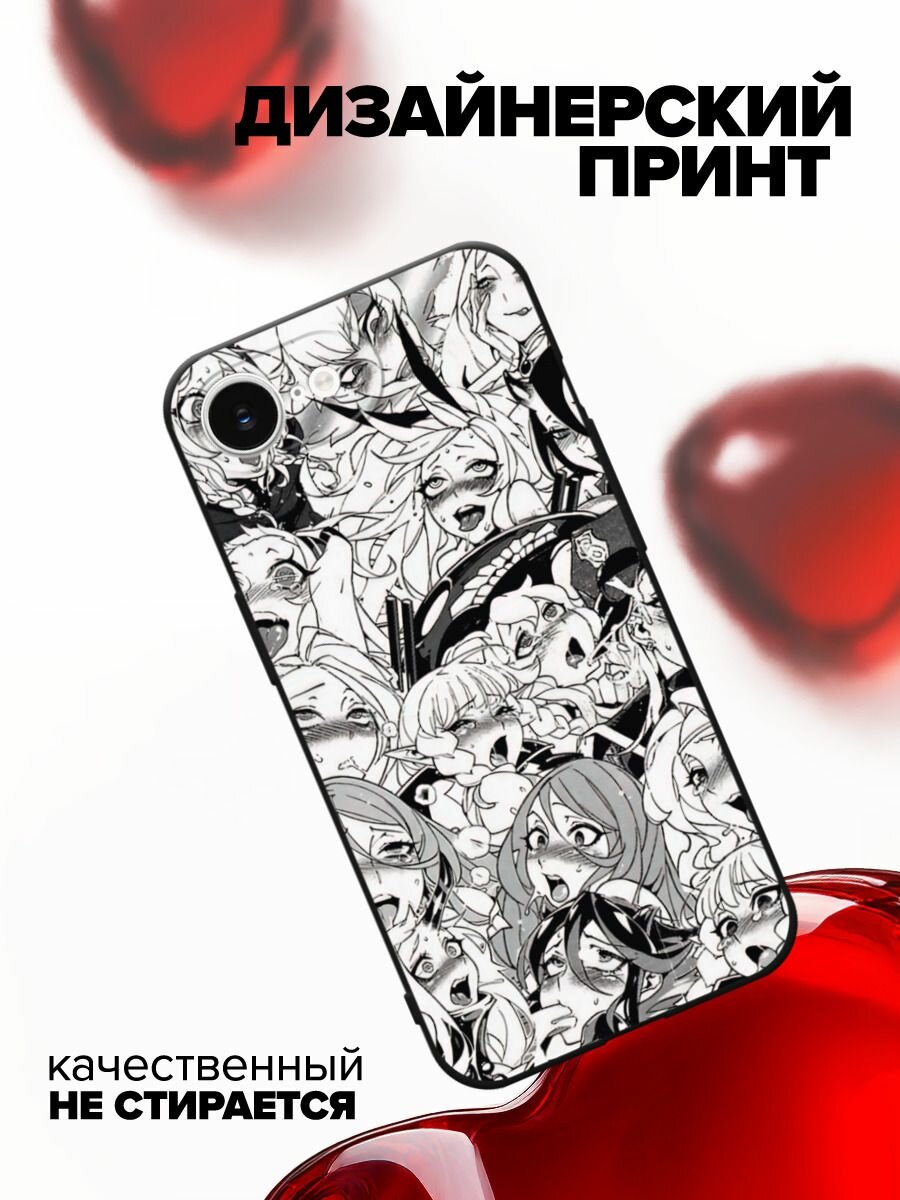 Черный матовый чехол на Apple iPhone 16e/17e / Айфон 16e/17e с принтом Ахегао манга тян — фото 1