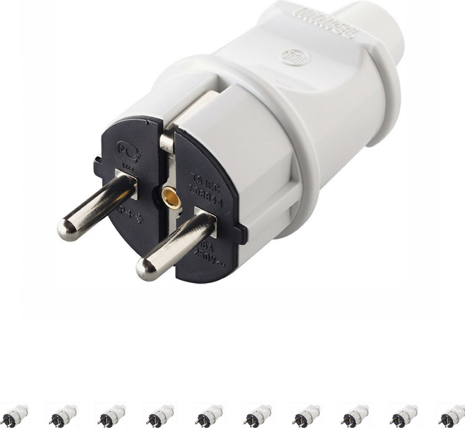 Вилка Makel с заземлением с прямым вводом IP20 белая (комплект из 10 шт)