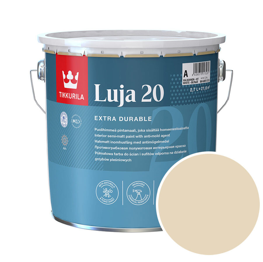 Краска моющаяся Tikkurila Luja Extra полуматовая RAL 1015 (Светлая слоновая кость - Light ivory) 2,7 л