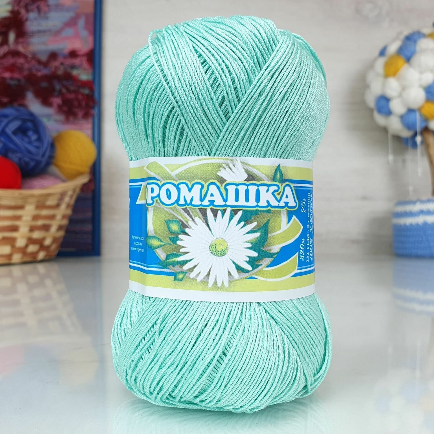 Пряжа Ромашка (ПНК), св. мята - 4102, 100% мерсеризованный хлопок, 4 мотка, 75 г, 320 м.