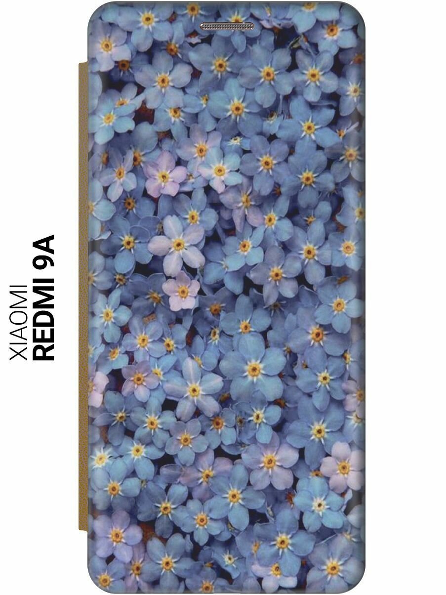 Чехол-книжка на Xiaomi Redmi 9A, Сяоми Редми 9А c принтом "Голубые фиалки" золотистый