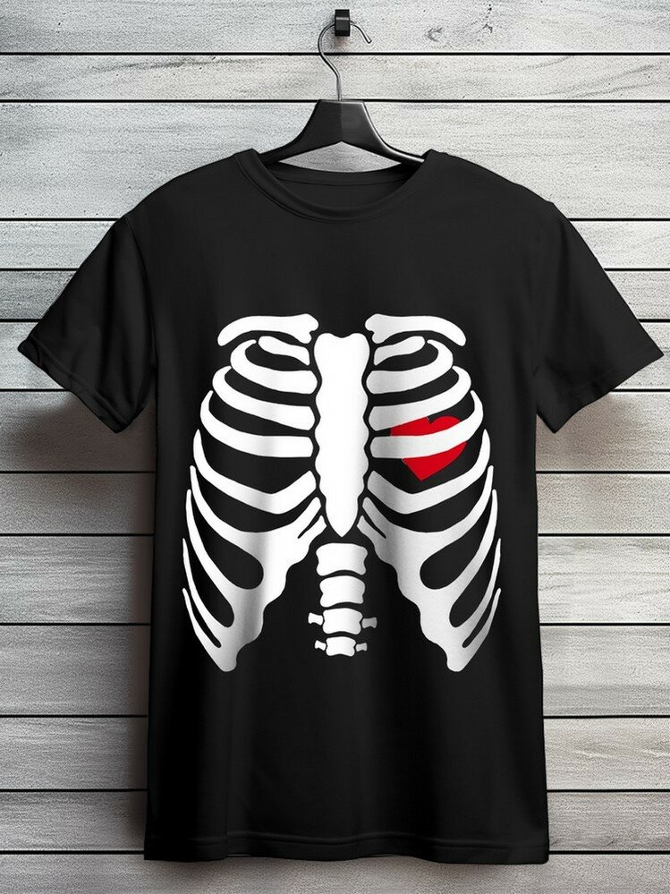 Футболка Футболка унисекс черная из хлопка с DTF принтом Хеллоуин скелет (сердце, осень, подарок, Helloween) - 9462