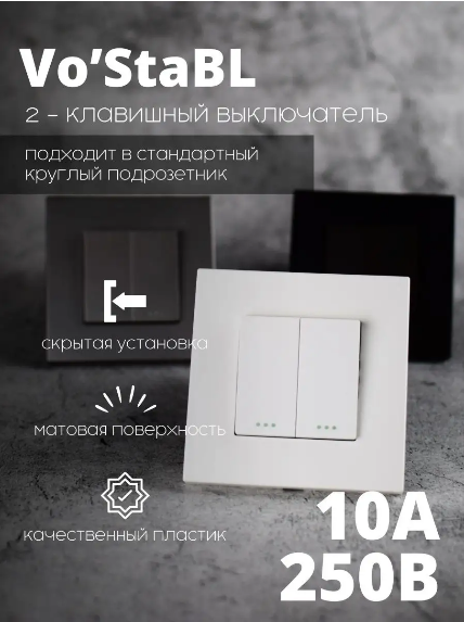 Выключатель двухклавишный без подсветки Vo'StaBL белый матовый