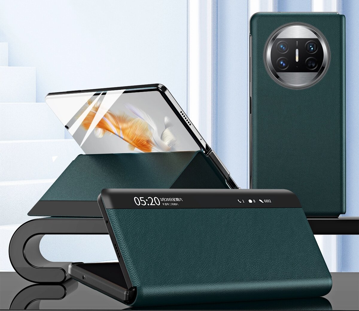 Чехол-кейс Finestra laterale для Huawei Mate X3 с боковым окном, водоотталкивающий в зеленом цвете.